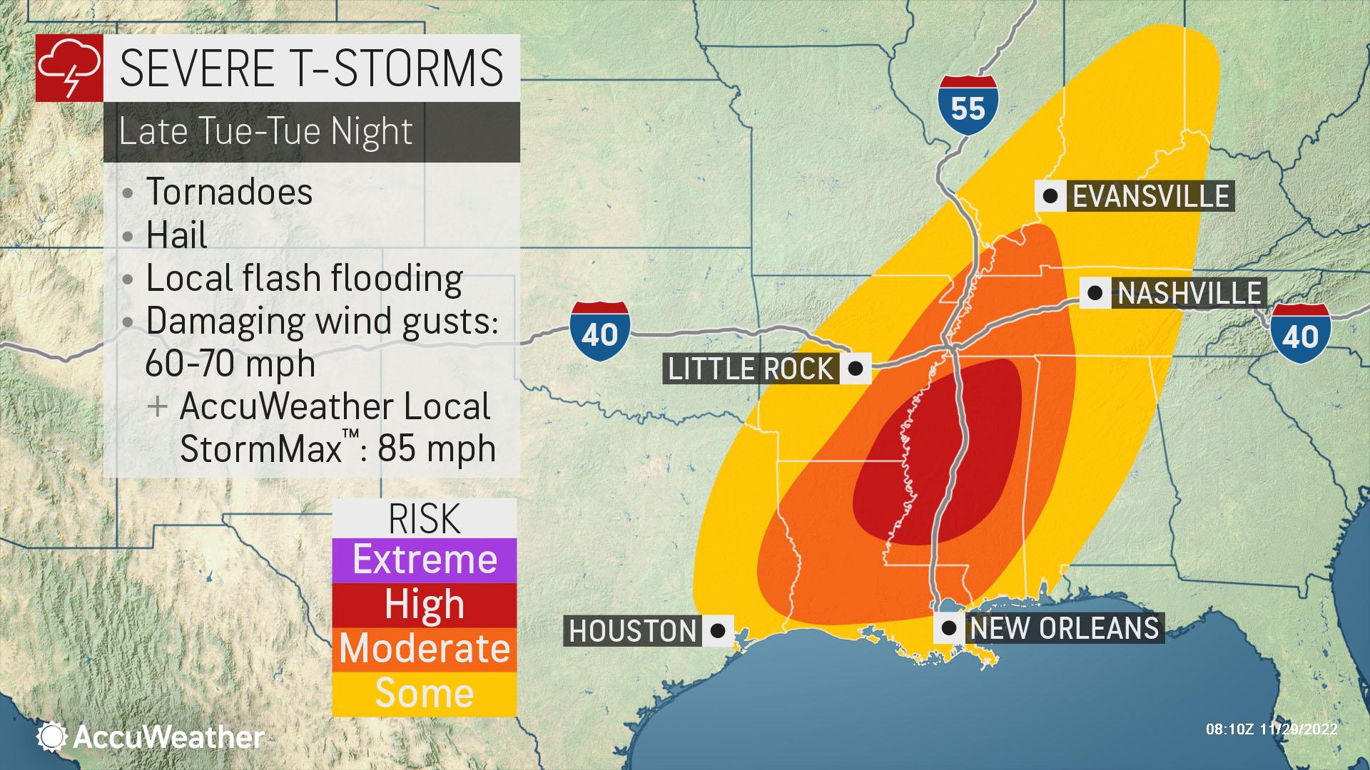Severe thunderstorms, capable of producing tornadoes, target the South.